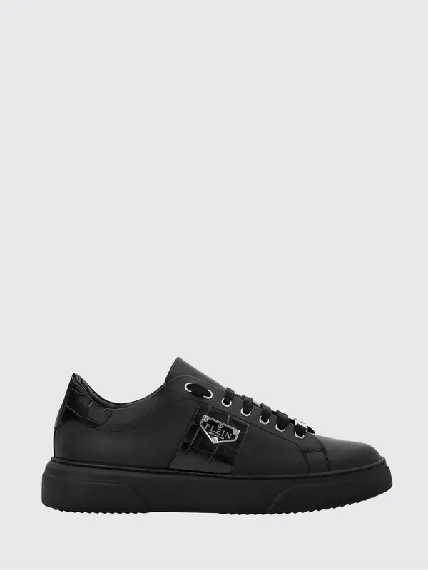 Philipp Plein Low-top Sneakers In Smooth Leather With Applied Side Logo - Black