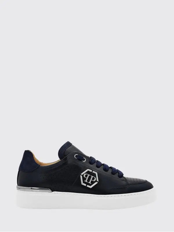 Philipp Plein Leather Low-top Sneakers With Monogram Pattern And Applied Hexagon Logo - Blue