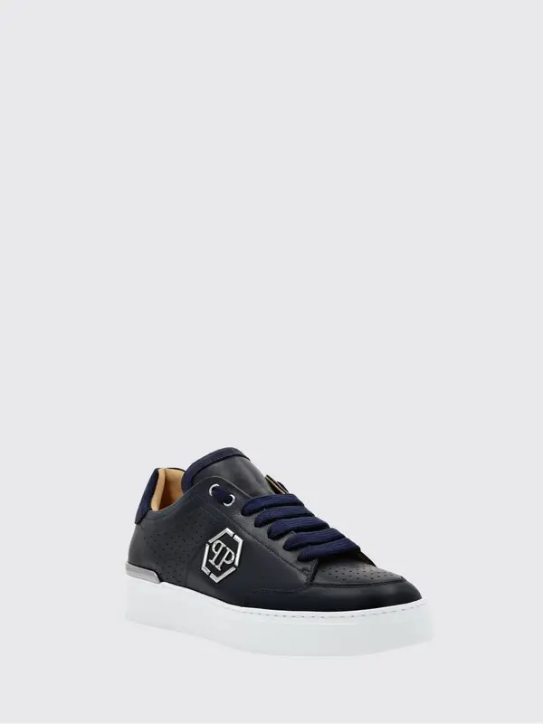 Philipp Plein Leather Low-top Sneakers With Monogram Pattern And Applied Hexagon Logo - Blue