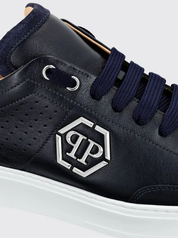 Philipp Plein Leather Low-top Sneakers With Monogram Pattern And Applied Hexagon Logo - Blue