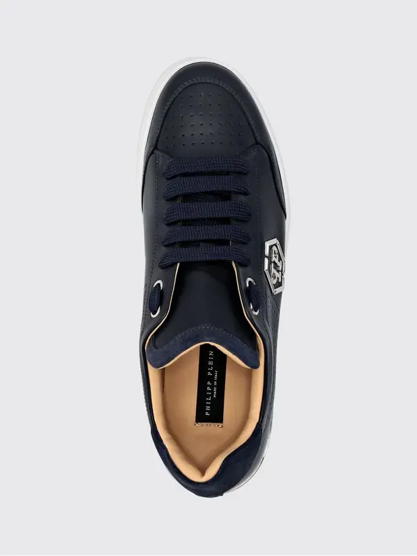 Philipp Plein Leather Low-top Sneakers With Monogram Pattern And Applied Hexagon Logo - Blue