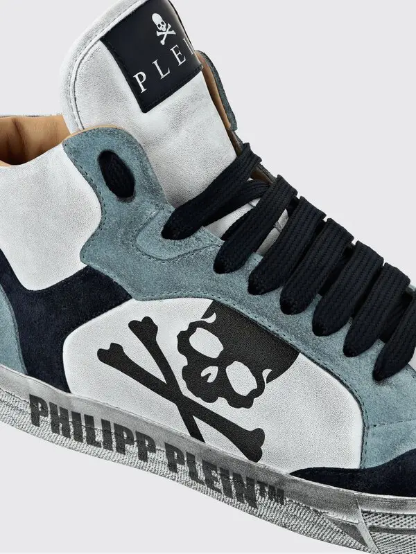 Philipp Plein High-top Skull Leather And Suede Sneakers With Distressed Effect - White