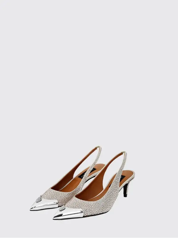 Philipp Plein Leather Slingback Pumps With Crystal Skull Detail - Beige