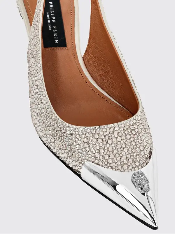 Philipp Plein Leather Slingback Pumps With Crystal Skull Detail - Beige