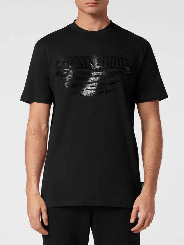 PLEIN SPORT Cotton Crew Neck T-shirt With Tone-on-tone Logo Print - Black