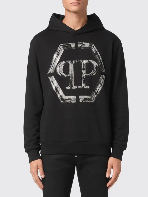 Philipp Plein Cotton Hoodie With Hexagon Logo And Monogram - Black