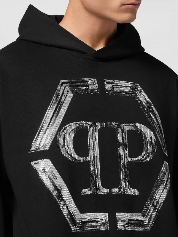 Philipp Plein Cotton Hoodie With Hexagon Logo And Monogram - Black