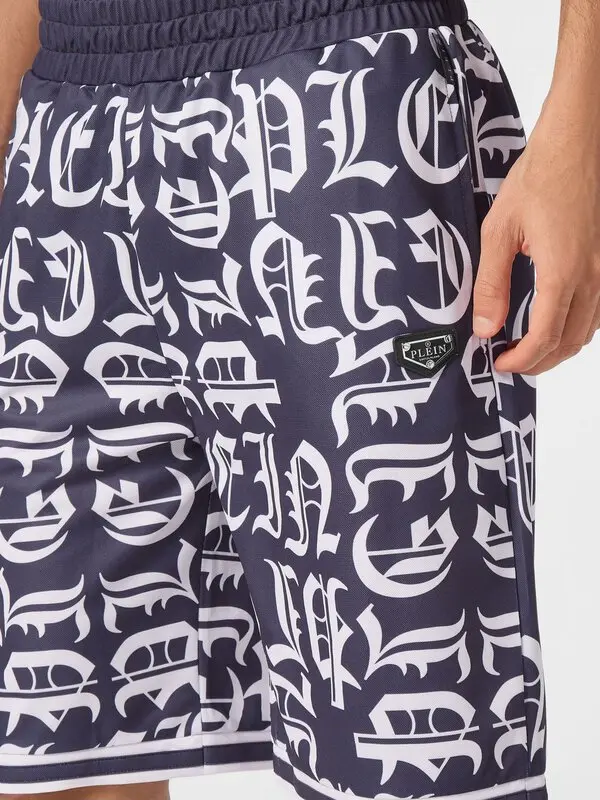 Philipp Plein Jersey Sport Shorts With Monogram Print - Denim