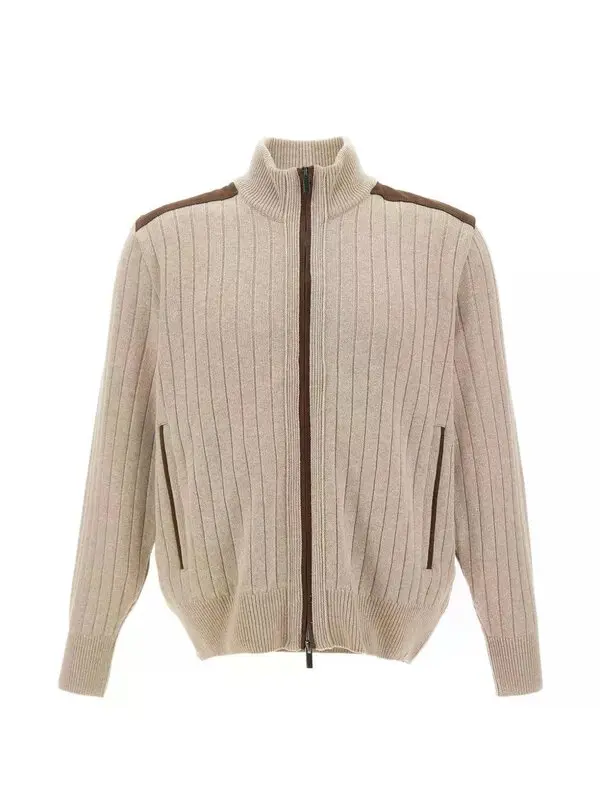Paul & Shark Ribbed-knit Suede-panel Cardigan
