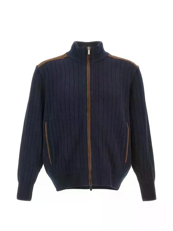 Paul & Shark Ribbed Knit Suede Panel Cardigan With High Neck And Zip-up Front