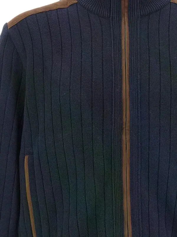 Paul & Shark Ribbed Knit Suede Panel Cardigan With High Neck And Zip-up Front