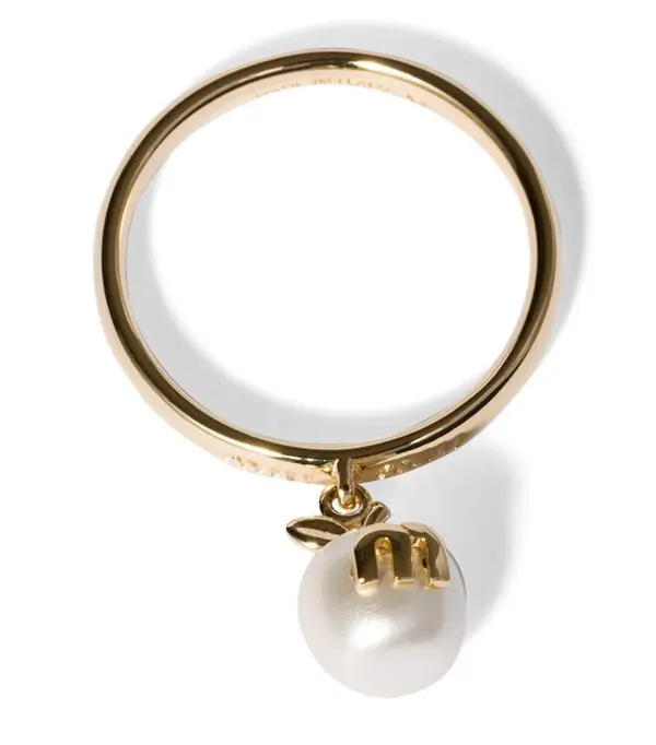 Miu Miu Gold Tone Apple Pendant Ring With Faux Pearl - Metallic