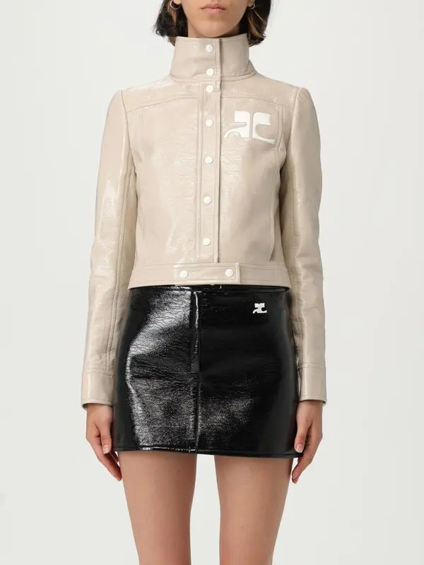COURREGES Slim Fit Cropped Coated Cotton Jacket With Logo - Grey