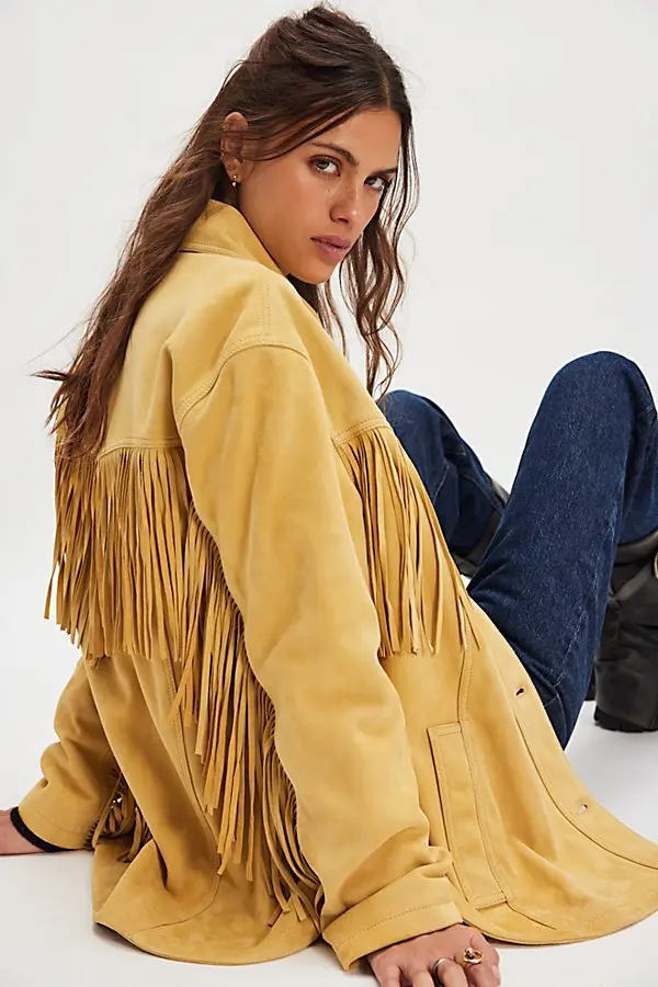We The Free Suede Fringe Shirt Jacket - Sunlight