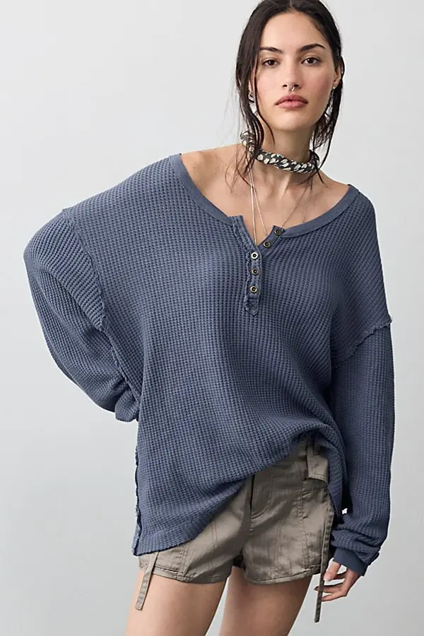 We The Free Montreal Oversized Thermal Henley - Flint Stone