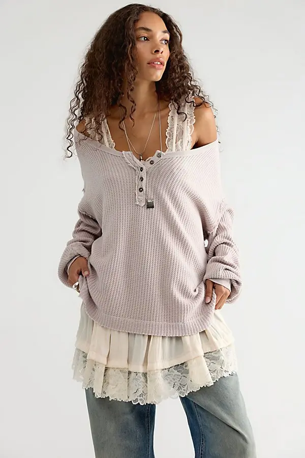 We The Free Montreal Oversized Thermal Henley - Grey Lilac
