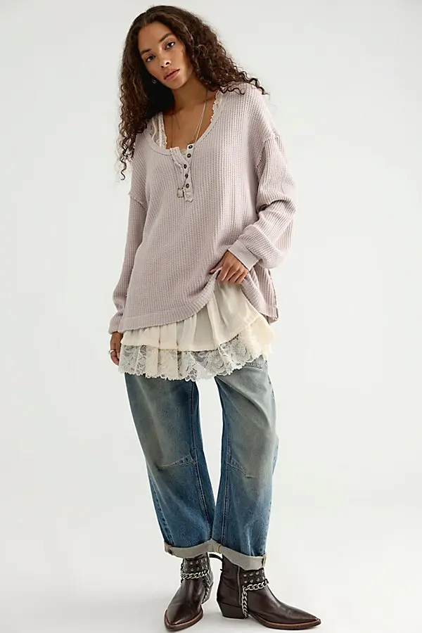 We The Free Montreal Oversized Thermal Henley - Grey Lilac