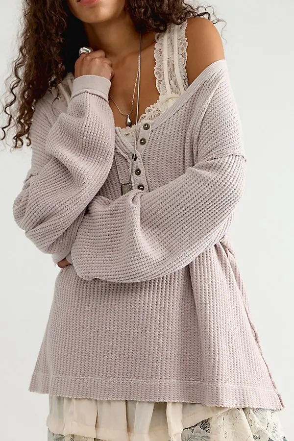 We The Free Montreal Oversized Thermal Henley - Grey Lilac