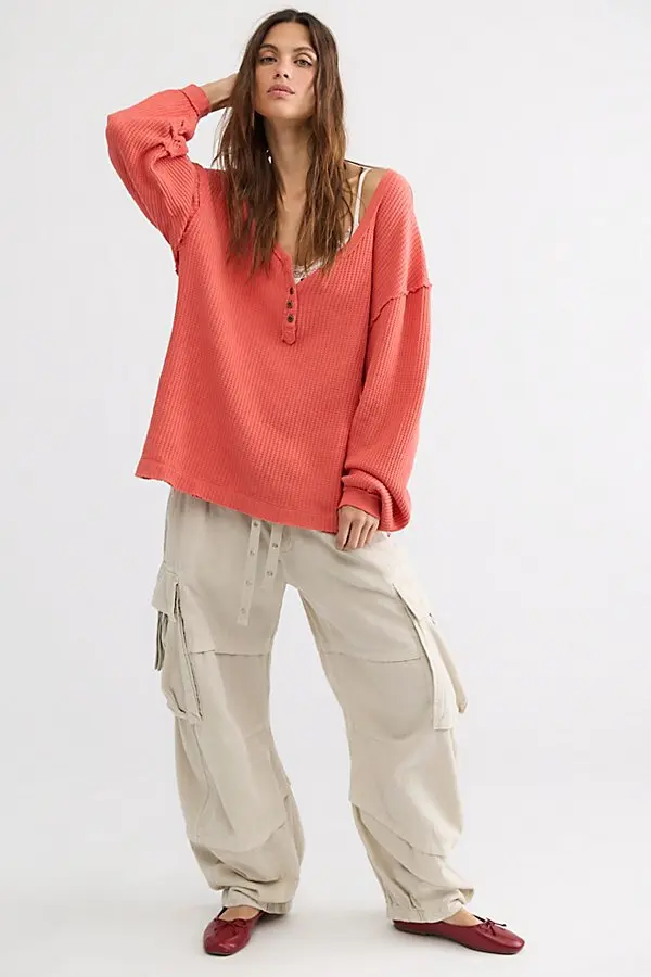 We The Free Montreal Oversized Thermal Henley - Red