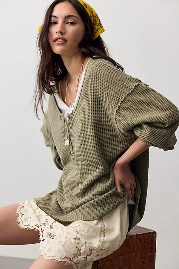 We The Free Montreal Oversized Waffle Knit Henley - Summer Pine