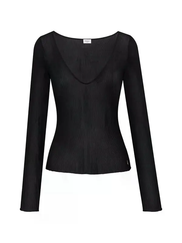 Saint Laurent Cassandre V-neck Top In Ribbed Silk - Black