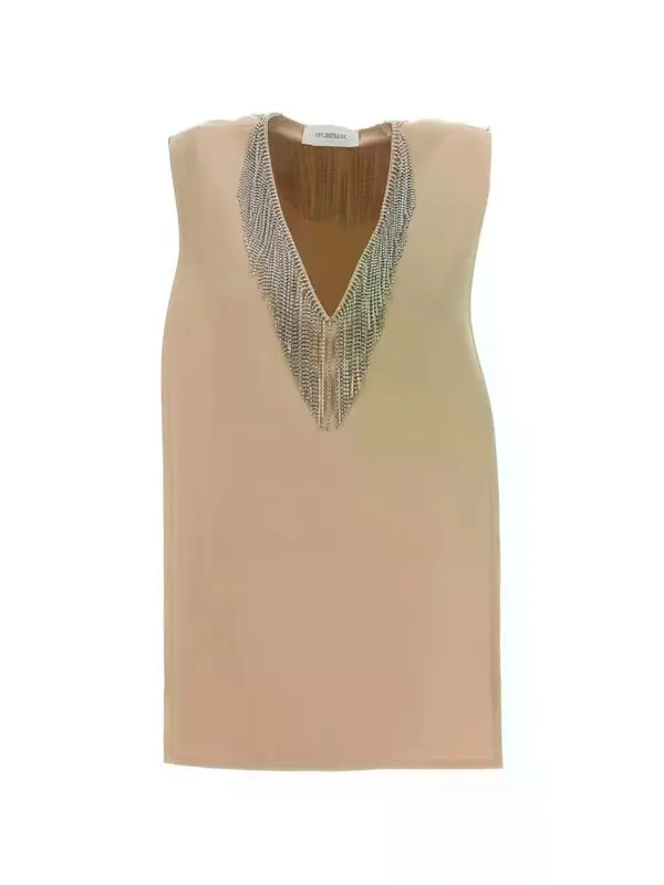 Sportmax Sleeveless V-neck Tank Top With Rhinestone Fringe Trim - Neutrals