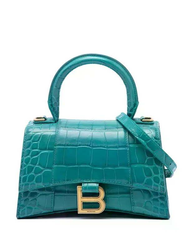 Balenciaga Croc Embossed Calfskin Hourglass Top Handle Bag Xs Satchel - Blue