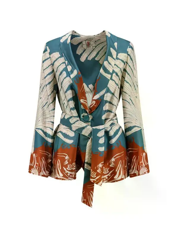 BYE FIRENZE Palma Leaf-print Belted Blazer - Blue