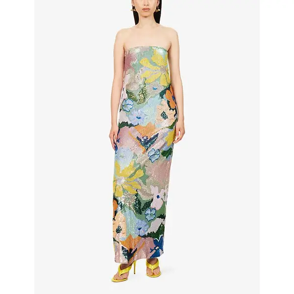 LA FUORI Sequinned Floral Bandeau Midi Dress