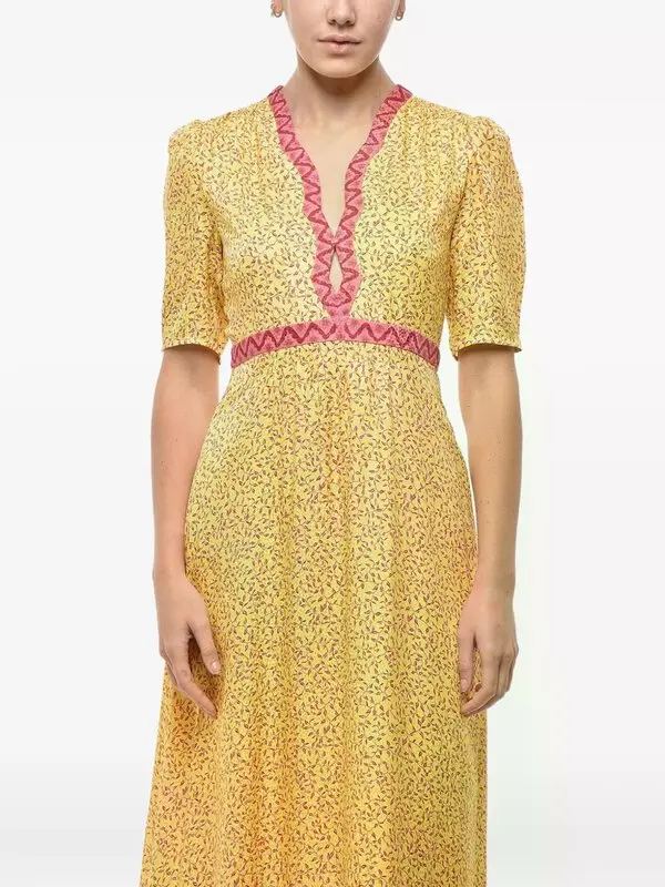 Saloni Tabitha Botanical Print V-neck Silk Dress