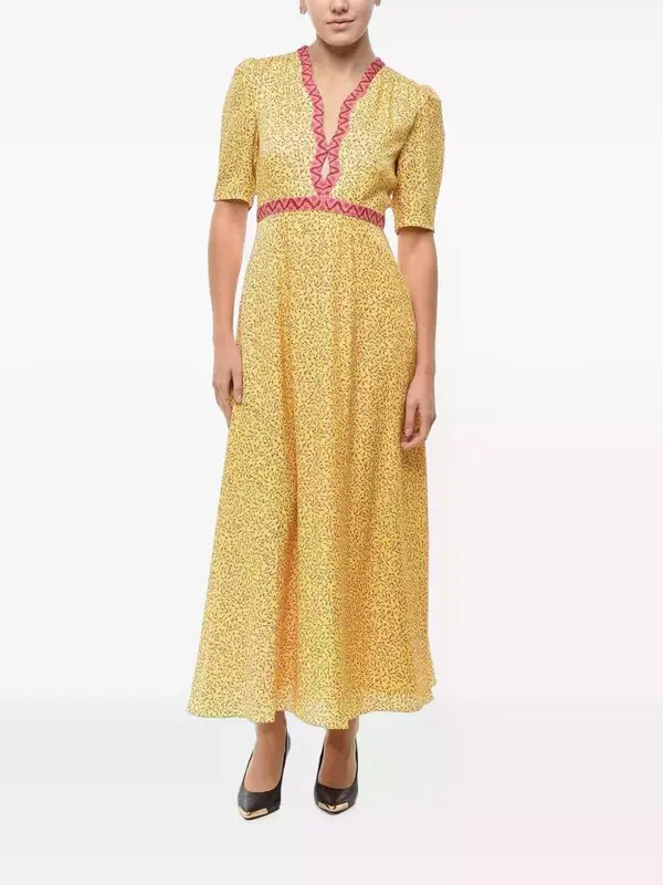 Saloni Tabitha Botanical Print V-neck Silk Dress