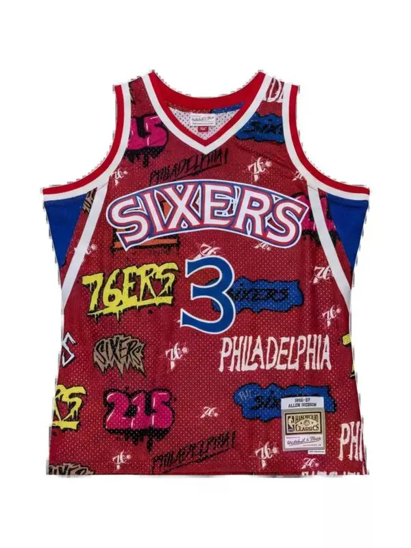 Mitchell & Ness 1996 Philadelphia 76ers Allen Iverson Slap Sticker Swingman Basketball Jersey - Red