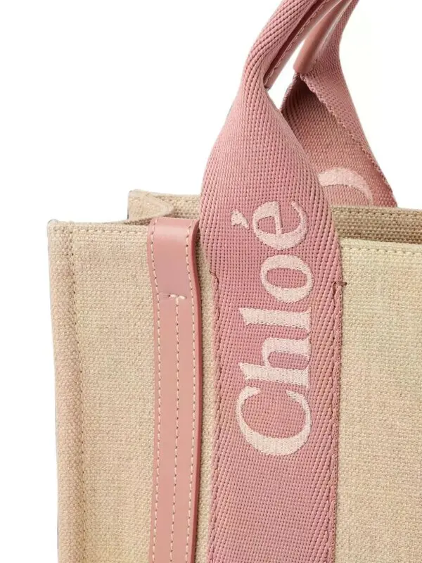 Chloé Woody Small Tote Bag In Linen And Calfskin - Neutrals