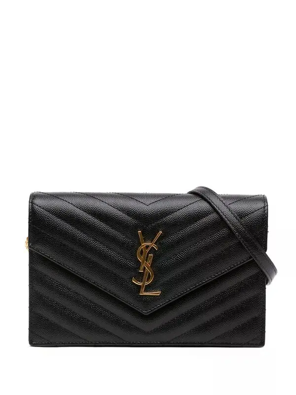 Saint Laurent 2023 Grain De Poudre Chevron Cassandre Envelope Chain Wallet Crossbody Bag - Black