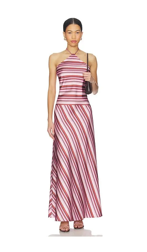 WITH HARPER LU Halterneck Maxi Dress In Striped Heavyweight Satin