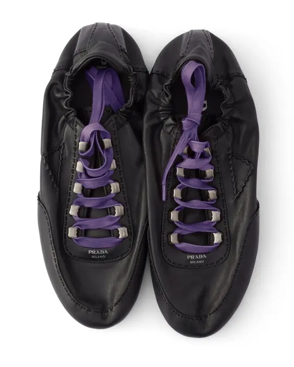 Prada Collapse Antiqued Nappa Leather Sneakers With Hooks