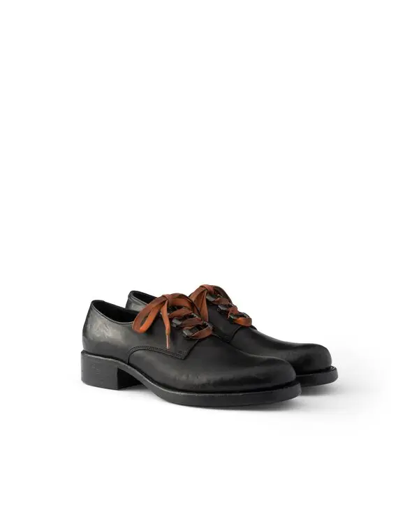 Prada Antiqued Leather Lace-up Shoes - Black