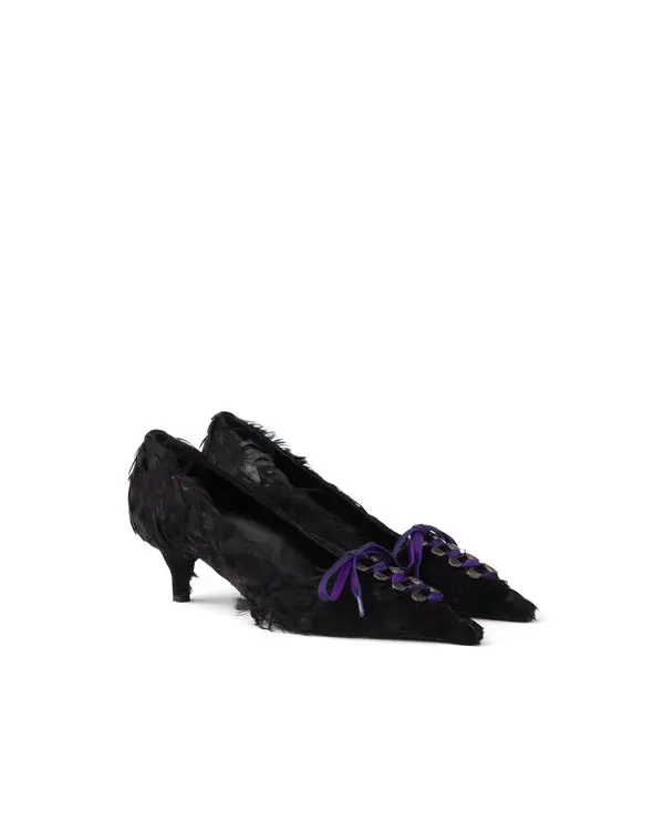 Prada Feather-embellished Lace-up Pumps - Black
