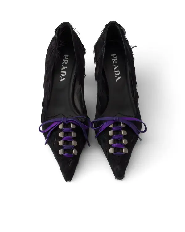 Prada Feather-embellished Lace-up Pumps - Black