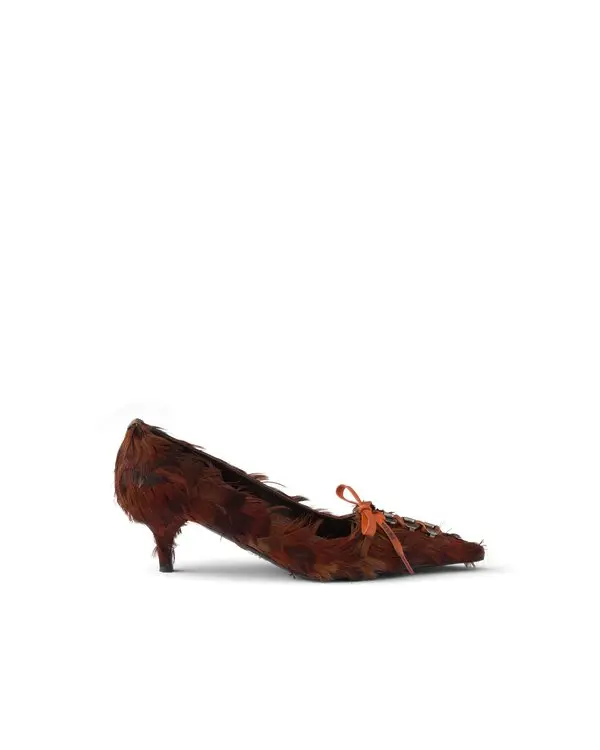 Prada Feather-embellished Satin Pumps - Coffee