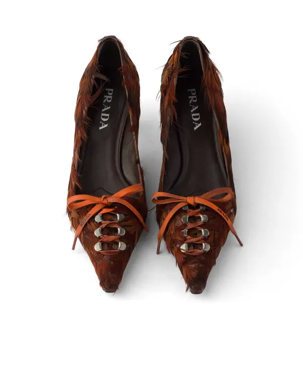 Prada Feather-embellished Satin Pumps - Coffee