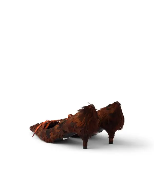 Prada Feather-embellished Satin Pumps - Coffee