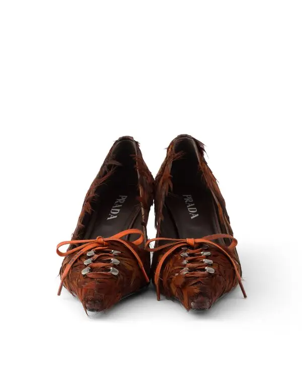 Prada Feather-embellished Satin Pumps - Coffee