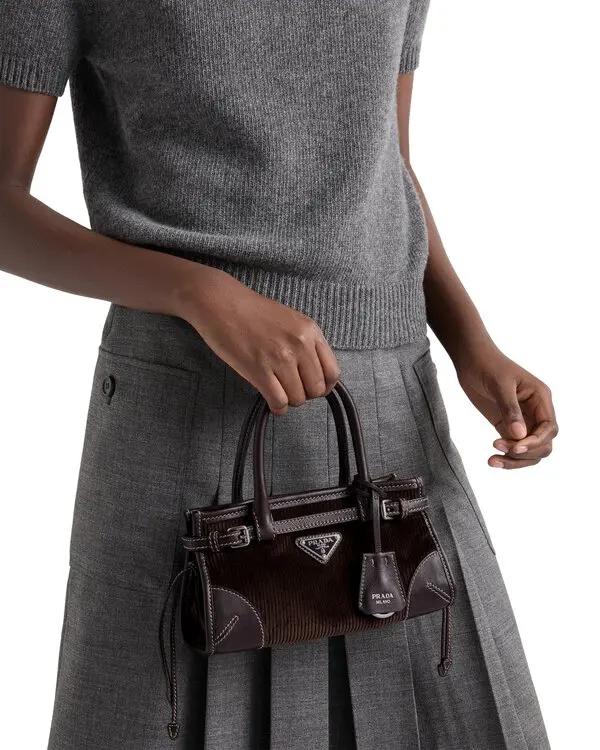 Prada Bonnie Small Corduroy And Leather Handbag - Ebony