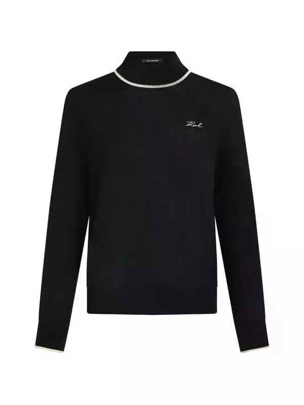 Karl Lagerfeld Logo Embroidered Merino Wool Turtleneck Sweater - Black