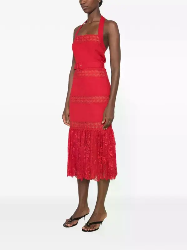 SELF-PORTRAIT Floral Lace Paneled Belted Midi Dress