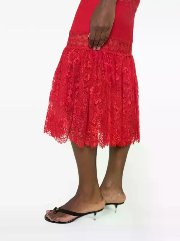 SELF-PORTRAIT Floral Lace Paneled Belted Midi Dress