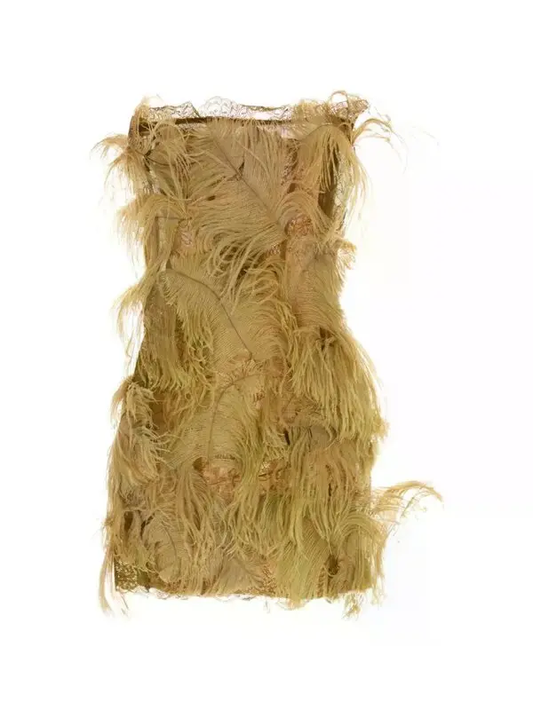 Attico Feather-trimmed Lace Detail Dress - Neutrals
