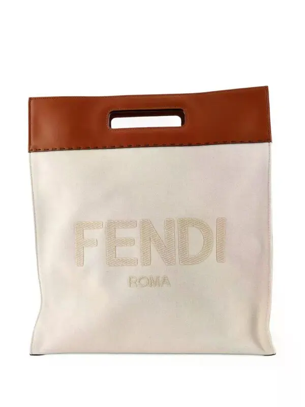 Fendi North South Logo Cutout Handle Shopper Canvas With Leather Tote Bag - Brown