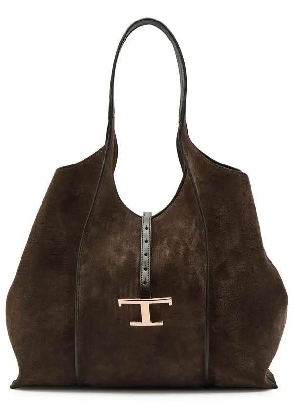 TOD'S T-plaque Suede Tote - Dark Brown